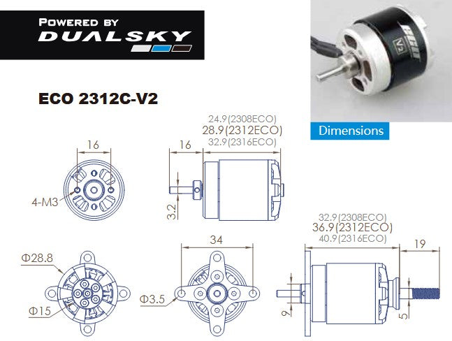 ECO 2312C V2 Brushless Outrunner Motor Set, 2-3 Cell, 1150Kv, Dual Sky ...